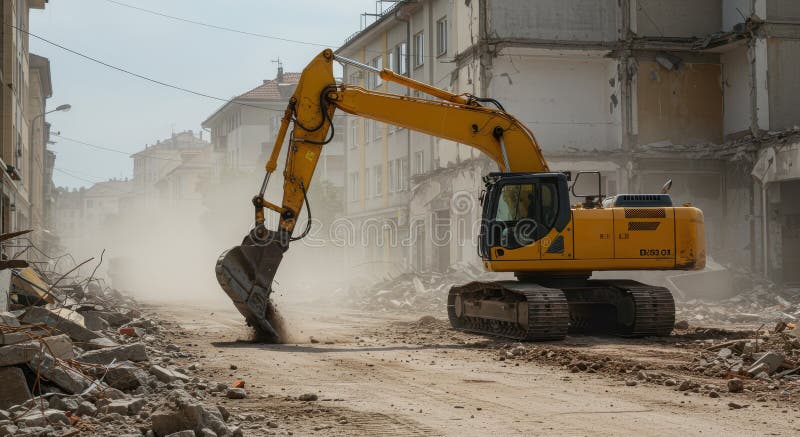 Excavator Clearing Rubble on Dusty Urban Construction Site Amid ...