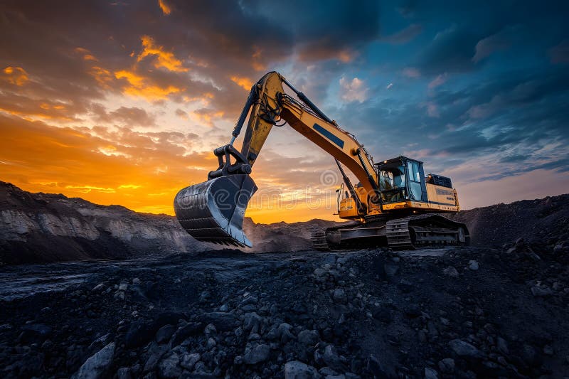 Excavator at a Coal Mine with Dramatic Sunset Sky Stock Illustration ...