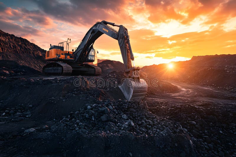 Excavator in Coal Mine at Sunset Stock Illustration - Illustration of ...
