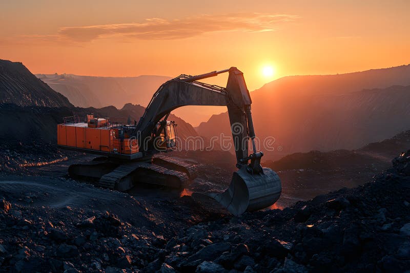 Excavator in a Coal Mine at Sunset Stock Illustration - Illustration of ...