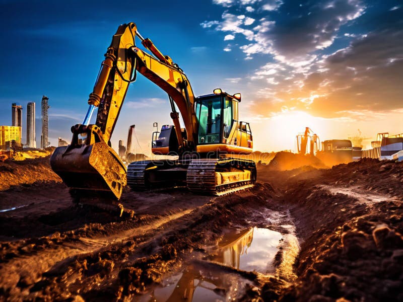 Backhoe Working by Digging Soil at Construction Site. Crawler Excavator ...