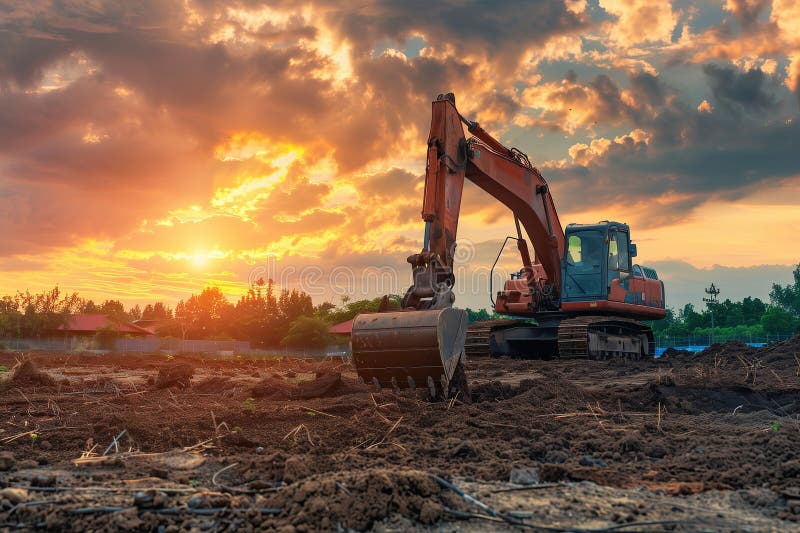 Excavator at a Construction Site Against the Setting Sun Stock ...