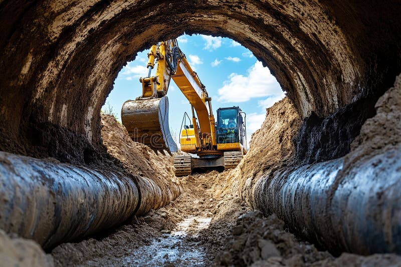 Excavator at Construction Site Digging a Large Underground Pipe Stock ...