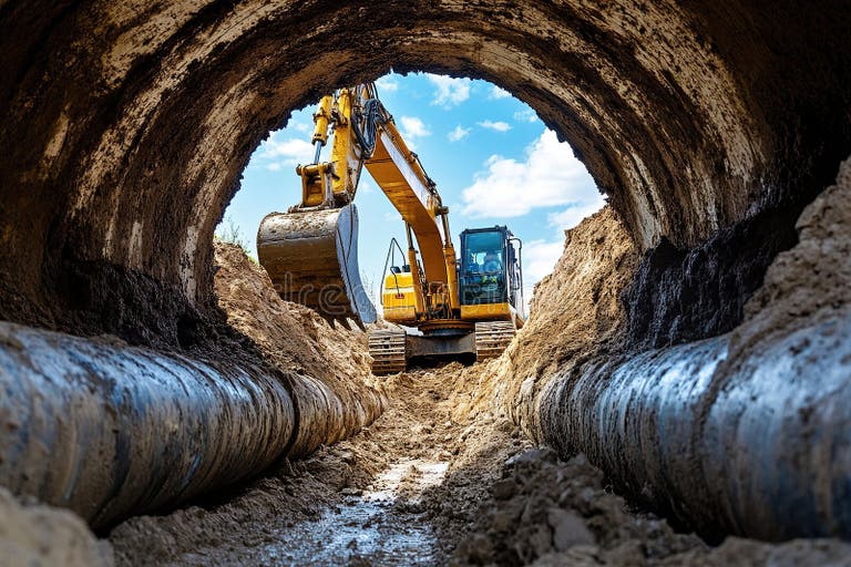 Excavator at Construction Site Digging a Large Underground Pipe Stock ...