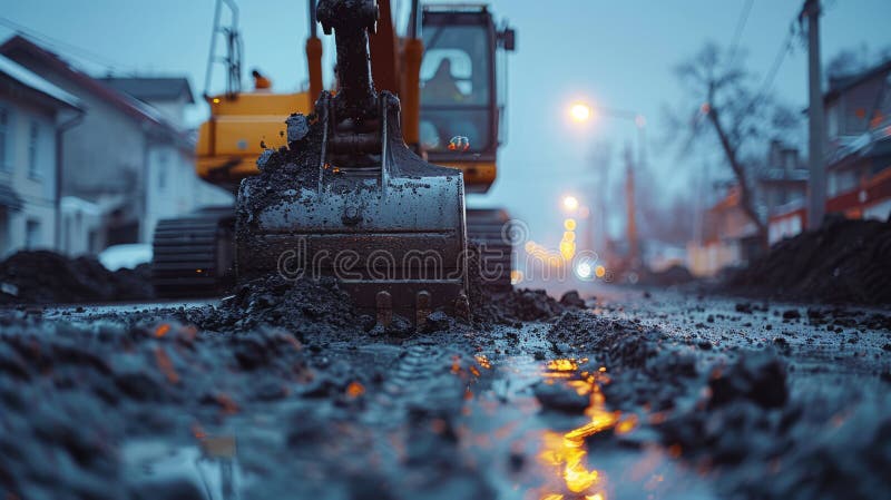 Excavator on a Construction Site at Dusk Stock Photo - Image of ...