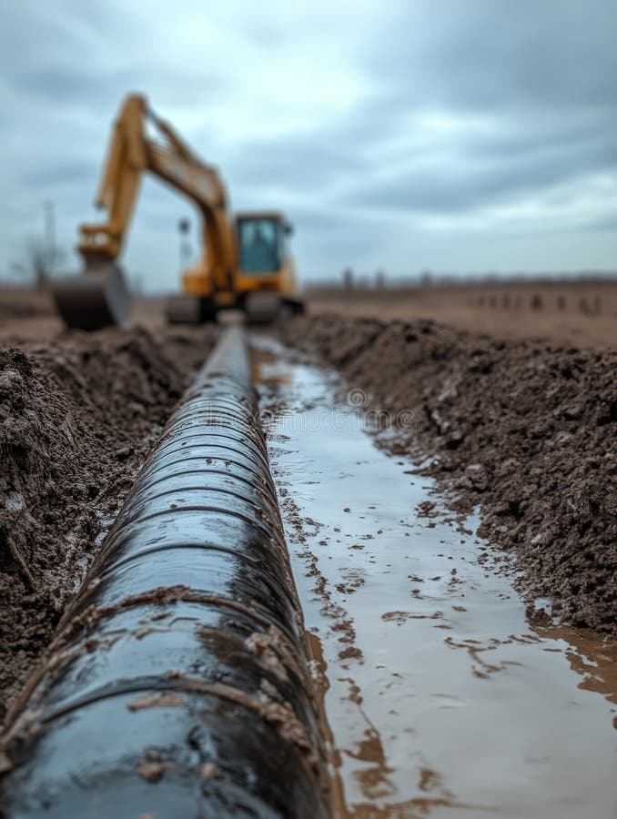 Excavator at Construction Site Laying Pipeline in Muddy Earth. Stock ...