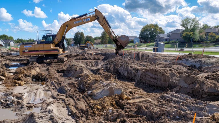 Excavator on Construction Site with Mud and Tracks. Infrastructure ...