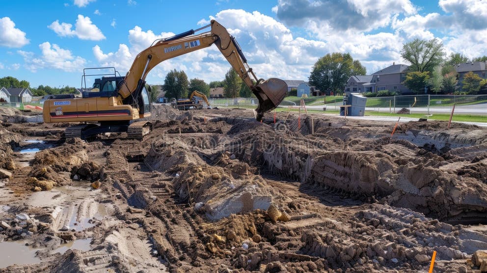 Excavator on Construction Site with Mud and Tracks. Infrastructure ...