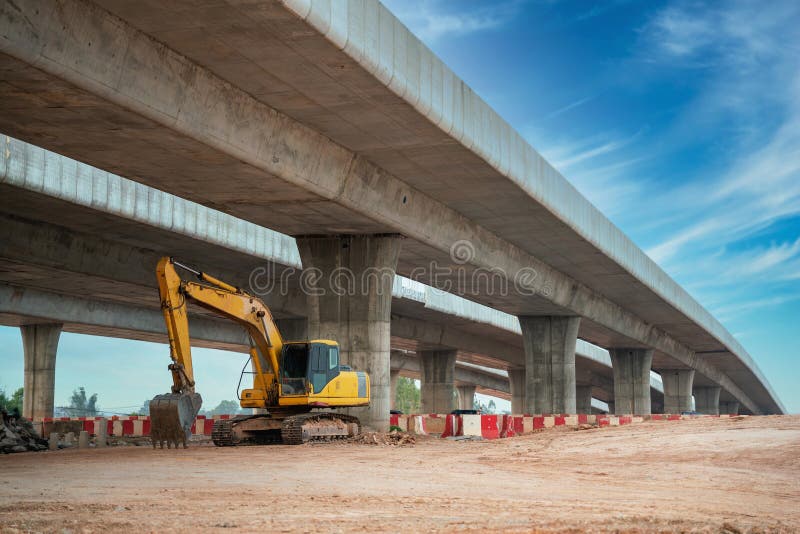 Excavator in Construction Site at Road Construction Site at Highway ...