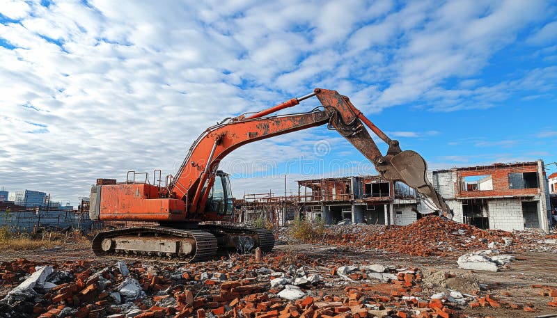 Excavator at a Construction Site during a Sunny Day Demolishing Old ...