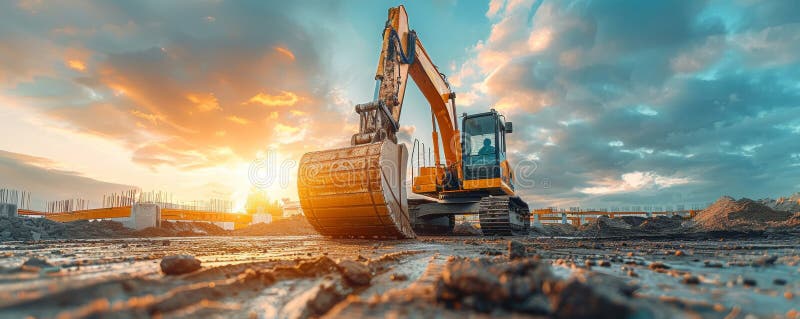 Excavator at a Construction Site during Sunset with Dramatic Sky Stock ...