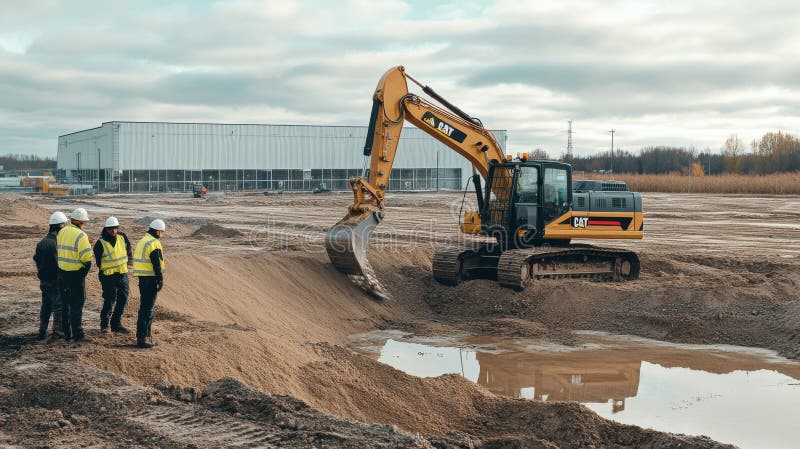 Excavator at Construction Site with Workers during Cloudy Day Stock ...