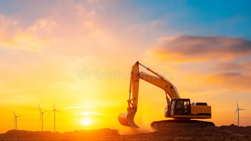 Excavator Creating Dust Clouds at Sunset in a Wind Farm, with Wind ...