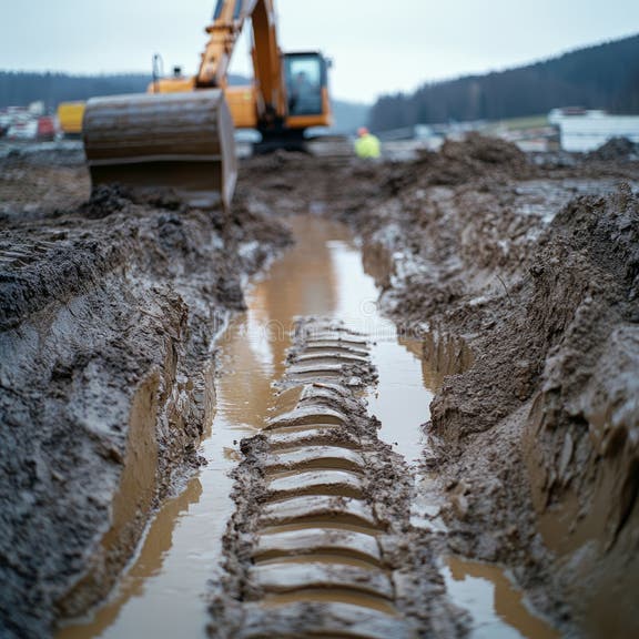 Excavator Creating a Trench on a Muddy Construction Site. Stock Image ...