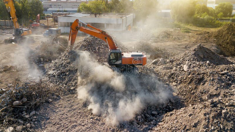 Excavator Demolish Building. Drone View Stock Photo - Image of ...