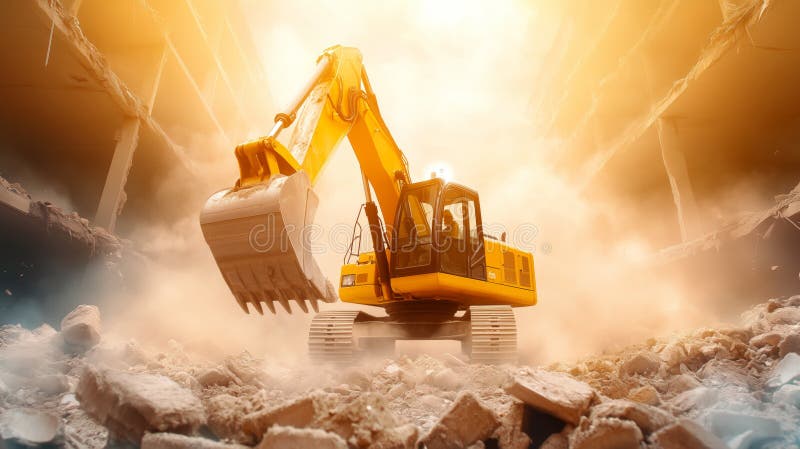 Excavator Demolishing Building in a Construction Site Stock ...