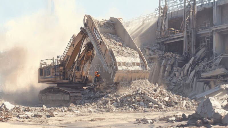 Excavator Demolishing a Building, Dust and Debris Flying Stock Image ...