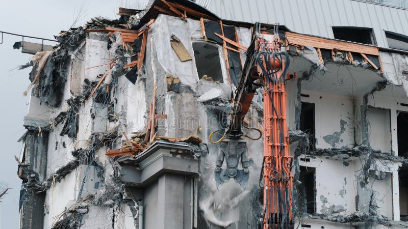 Excavator Destroys the Old Building. Demolition Work, Pieces of ...
