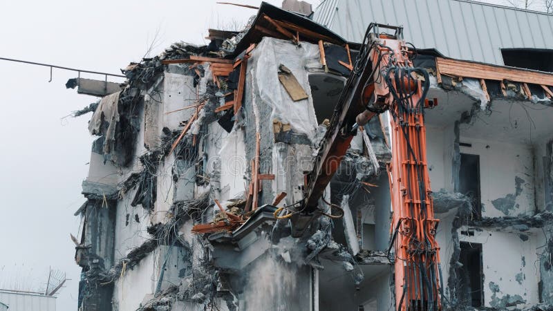 Excavator Destroys the Old Building. Demolition Work, Pieces of ...