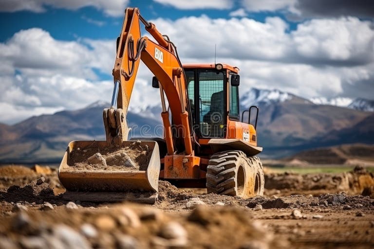 Excavator Digger Working on Construction Site Digging Earth Under Clear ...