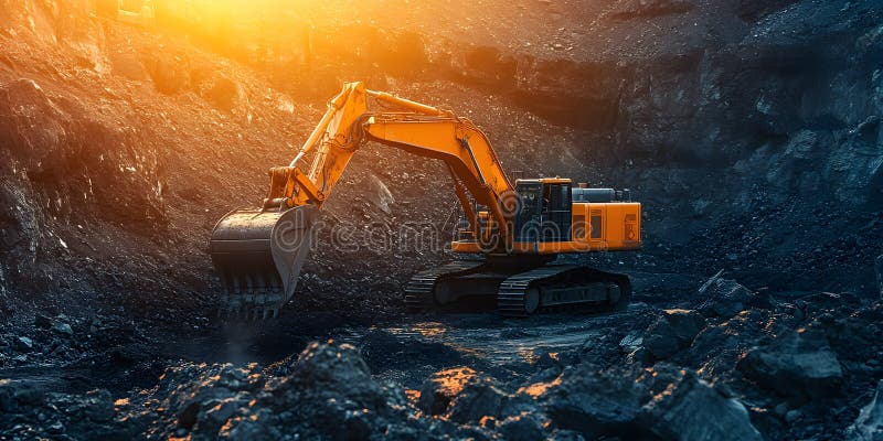 Excavator Digging in a Coal Mine at Sunset Stock Illustration ...