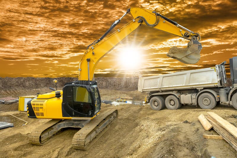 Excavator Digging on Construction Site Stock Image - Image of loader ...