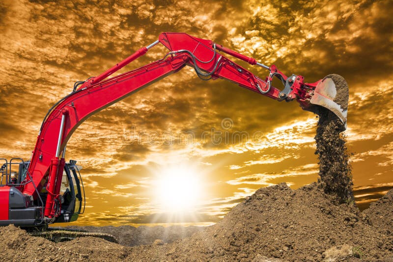 Excavator is Digging on Construction Site Stock Image - Image of cloud ...