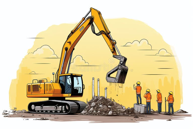 Excavator Digging on Construction Site with Construction Workers ...
