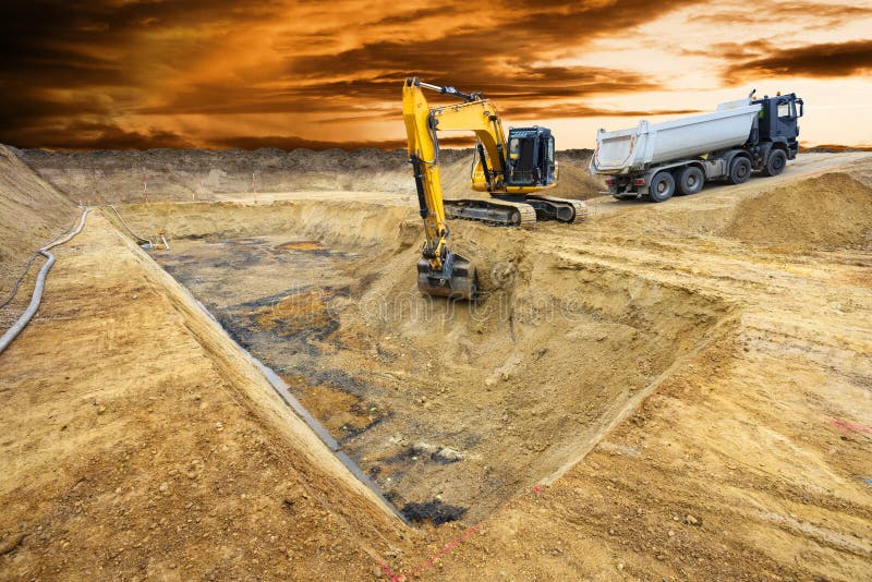 Excavator is Digging at Construction Site Stock Photo - Image of ...
