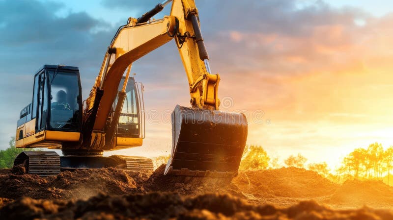 Excavator Digging at Construction Site during Golden Hour Stock Photo ...