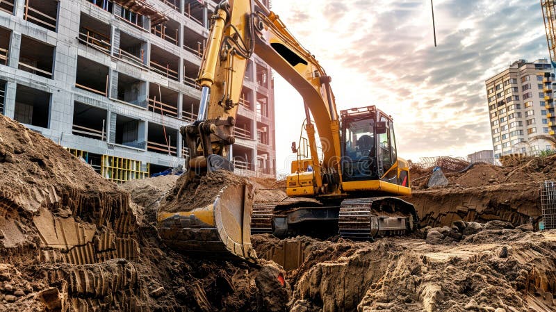 Excavator Digging at a Construction Site, Heavy Machinery, Vibrant and Active, Building Project ...