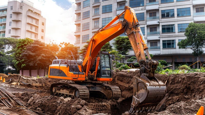 Excavator Digging at a Construction Site, Heavy Machinery, Vibrant and Active, Building Project ...