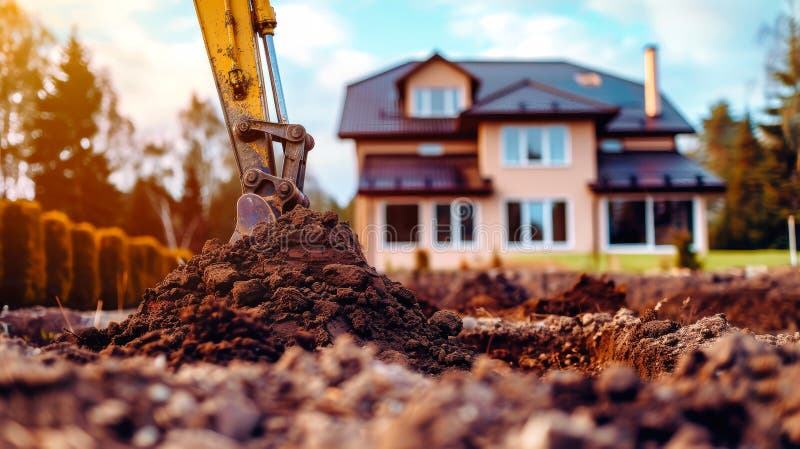 Excavator Digging at Construction Site with New Home in Background ...