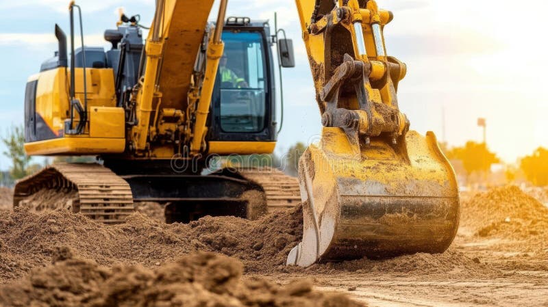 Excavator Digging on Construction Site at Sunset Stock Image - Image of ...