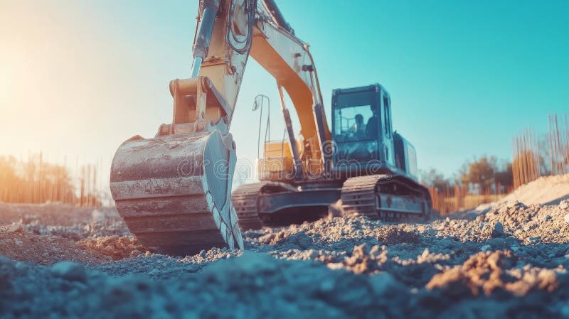 Excavator Digging in Construction Site at Sunset an Excavator Digging ...