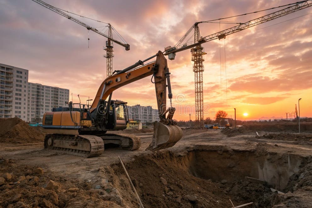 Excavator Digging at Construction Site with Tower Crane Stock ...