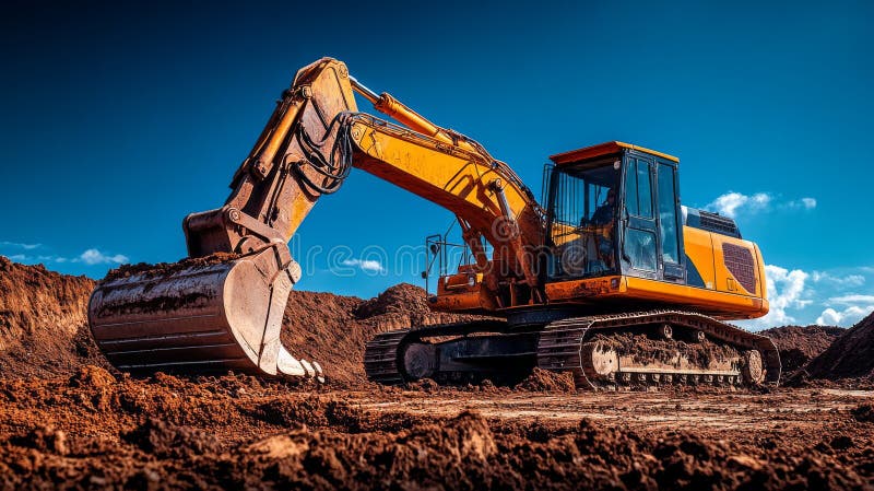 Excavator Digging on a Construction Site Under a Clear Blue Sky during ...