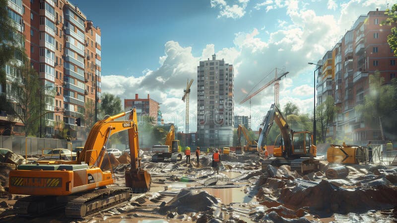 Excavator Digging at Construction Site in Urban Area on Sunny Day Stock ...