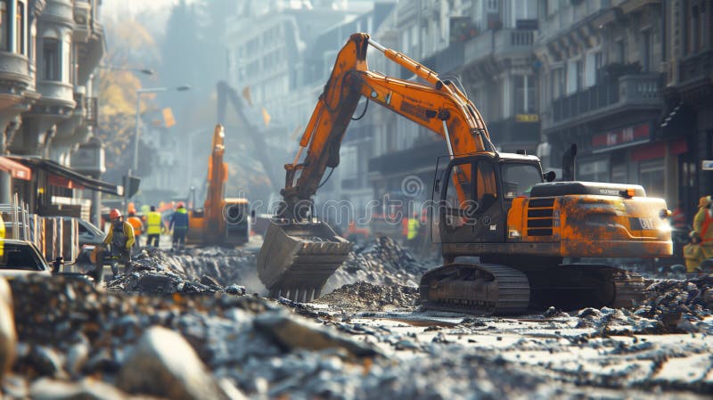 Excavator Digging at Construction Site in Urban Area on Sunny Day Stock ...