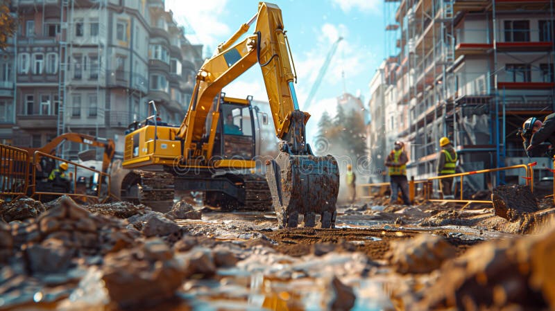 Excavator Digging at Construction Site in Urban Area on Sunny Day Stock ...
