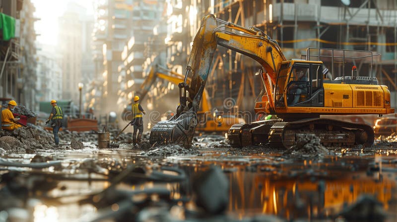 Excavator Digging at Construction Site in Urban Area on Sunny Day Stock ...