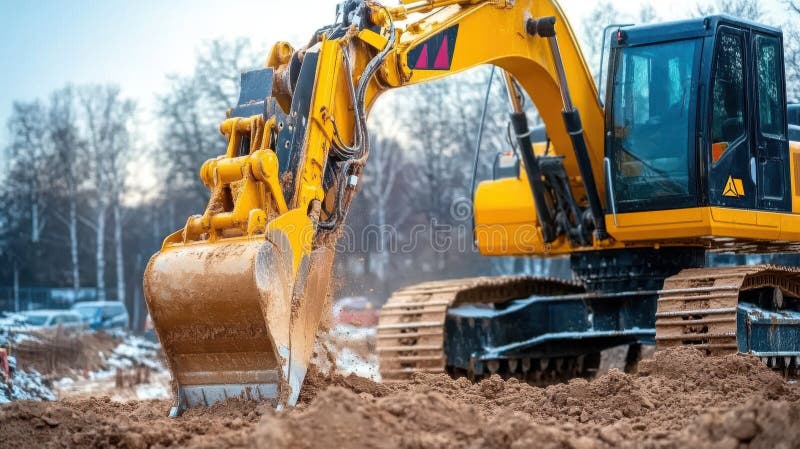 Excavator Digging on Construction Site in Winter Stock Photo - Image of ...