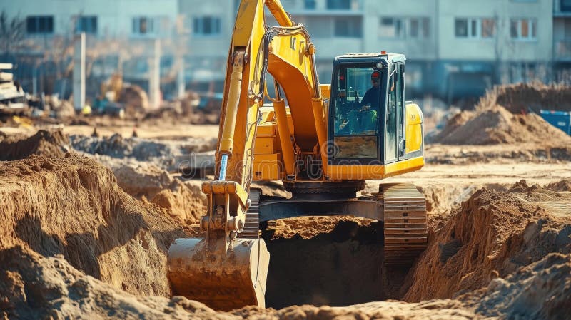 Excavator Digging Deep Trench at Construction Site with Buildings in ...