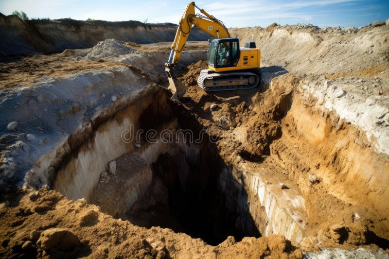 Excavator Digging Deep Trenches or Excavating a Foundation for a ...
