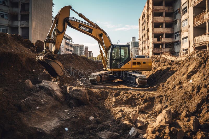 Excavator Digging Deep Trenches or Excavating a Foundation for a ...