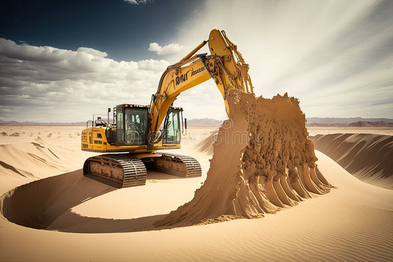 Excavator Digging into Desert Sand, with Endless Dunes in the ...