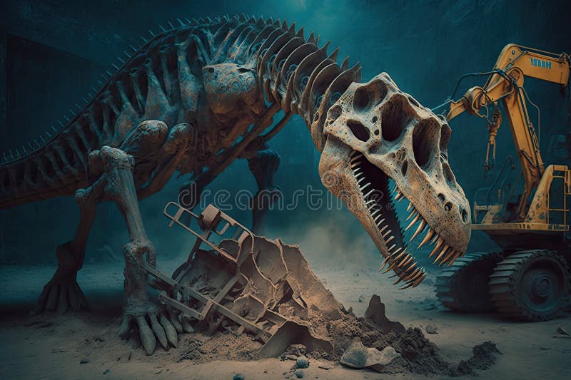 Excavator Digging into the Dinosaur S Skeleton, with Bones and ...