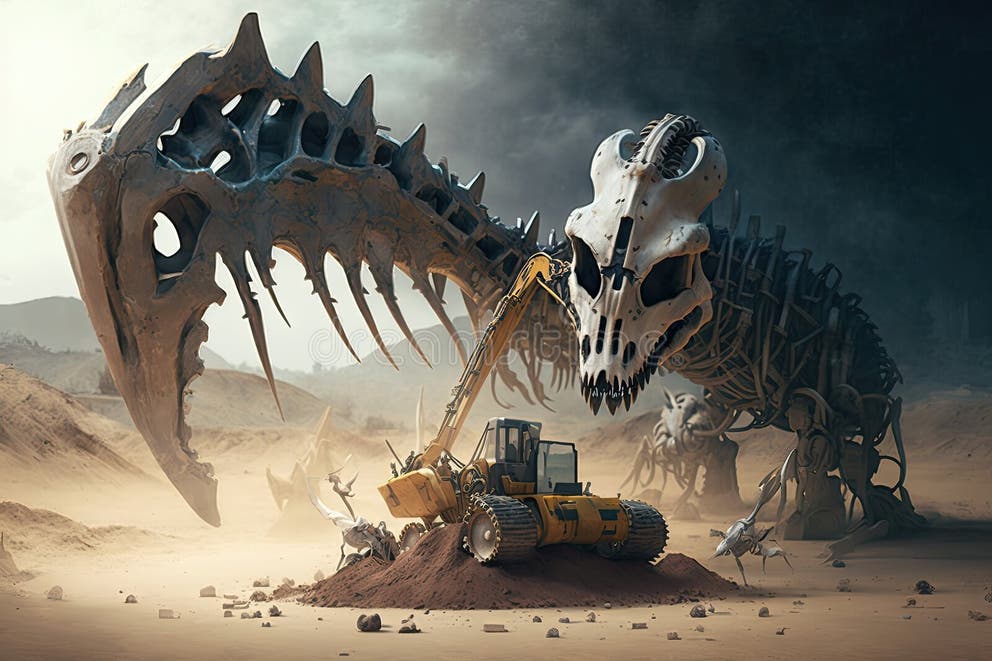 Excavator Digging into the Dinosaur S Skeleton, with Bones and ...