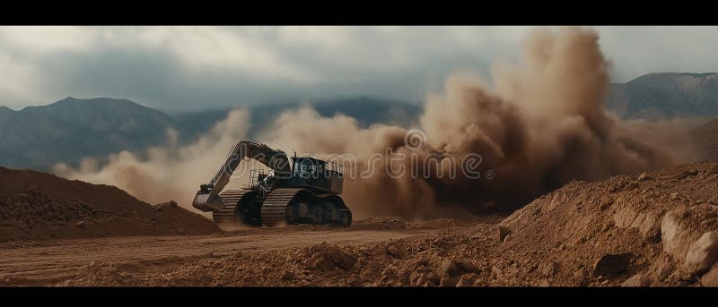 Excavator Digging in a Dusty Landscape with Mountain Background. Stock ...