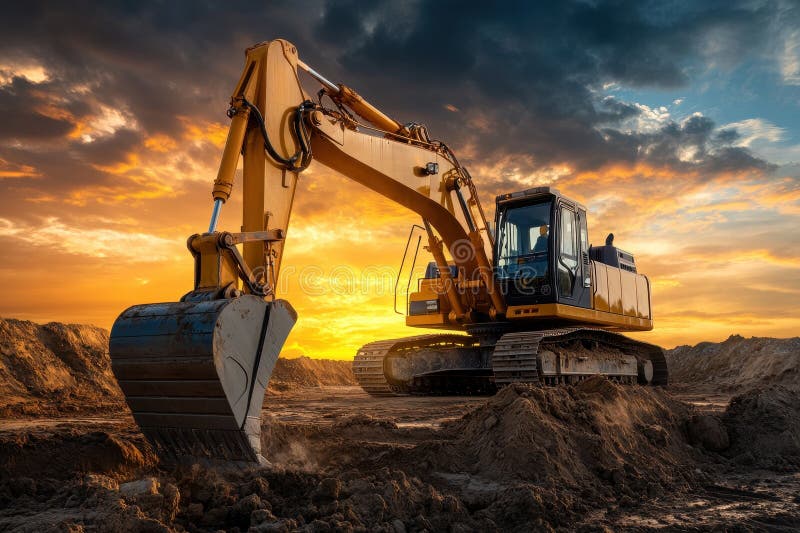 Excavator Digging Earth Against a Dramatic Sunset Sky Stock ...